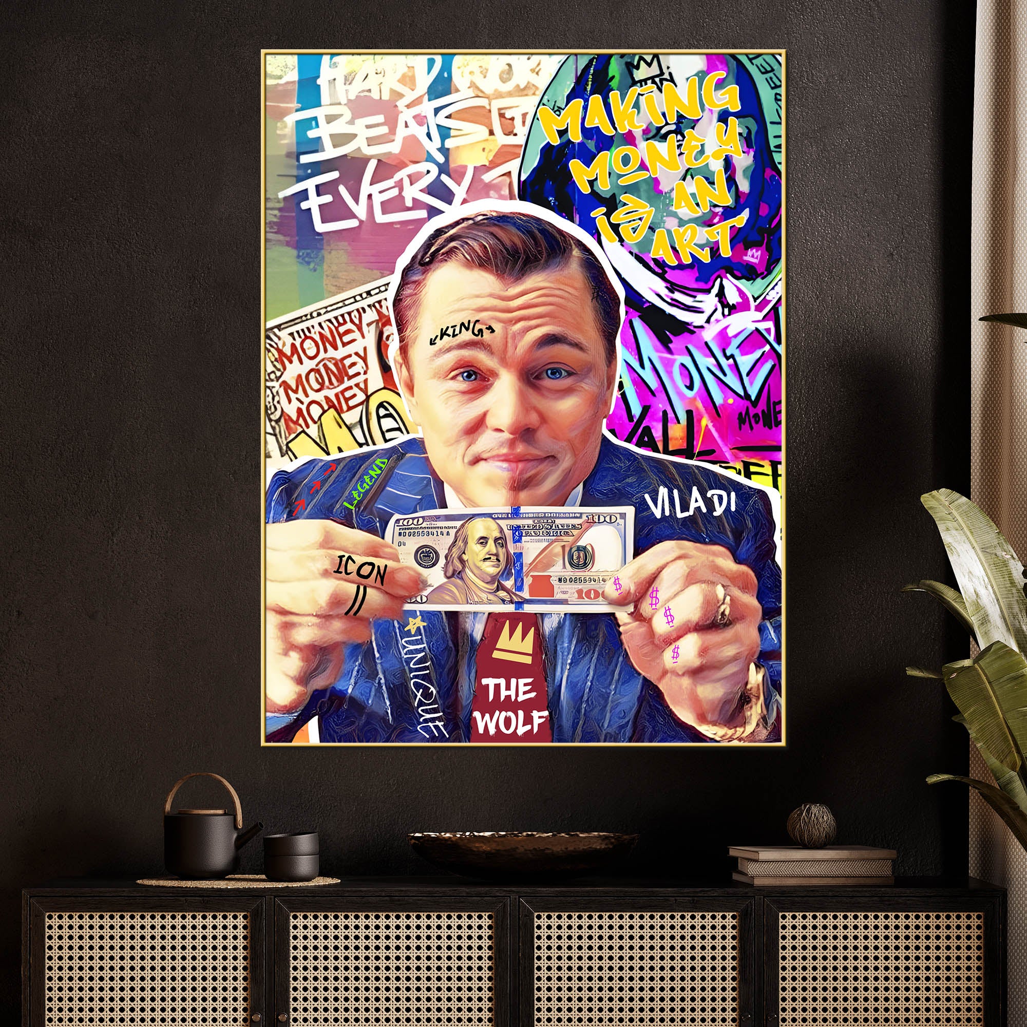 Greed Is Good DiCaprio Graffiti Cotton Canvas Wall Painting – fablecasa