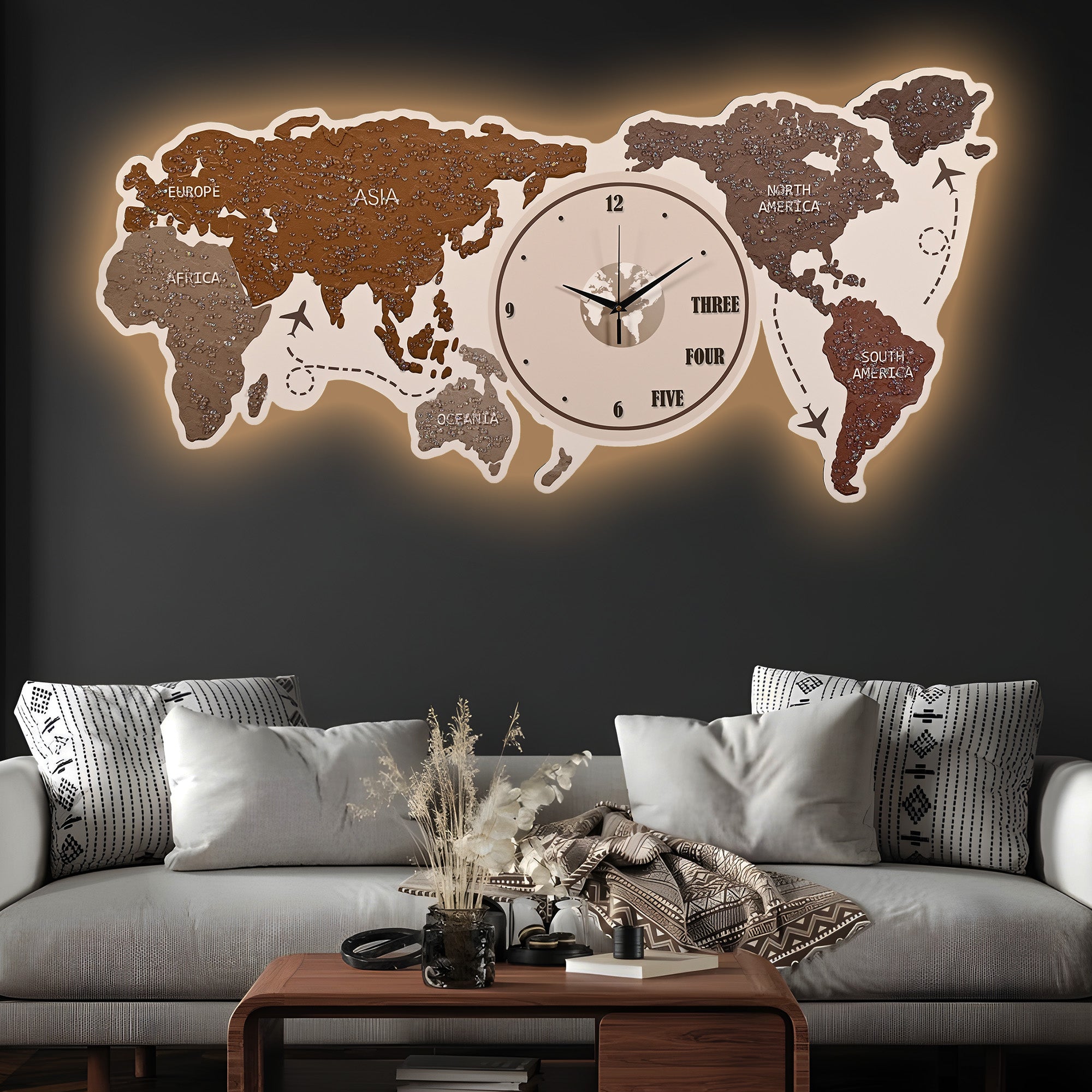 Map of The Earth Crystal Glass Backlit LED Painting with Clock (Land ...