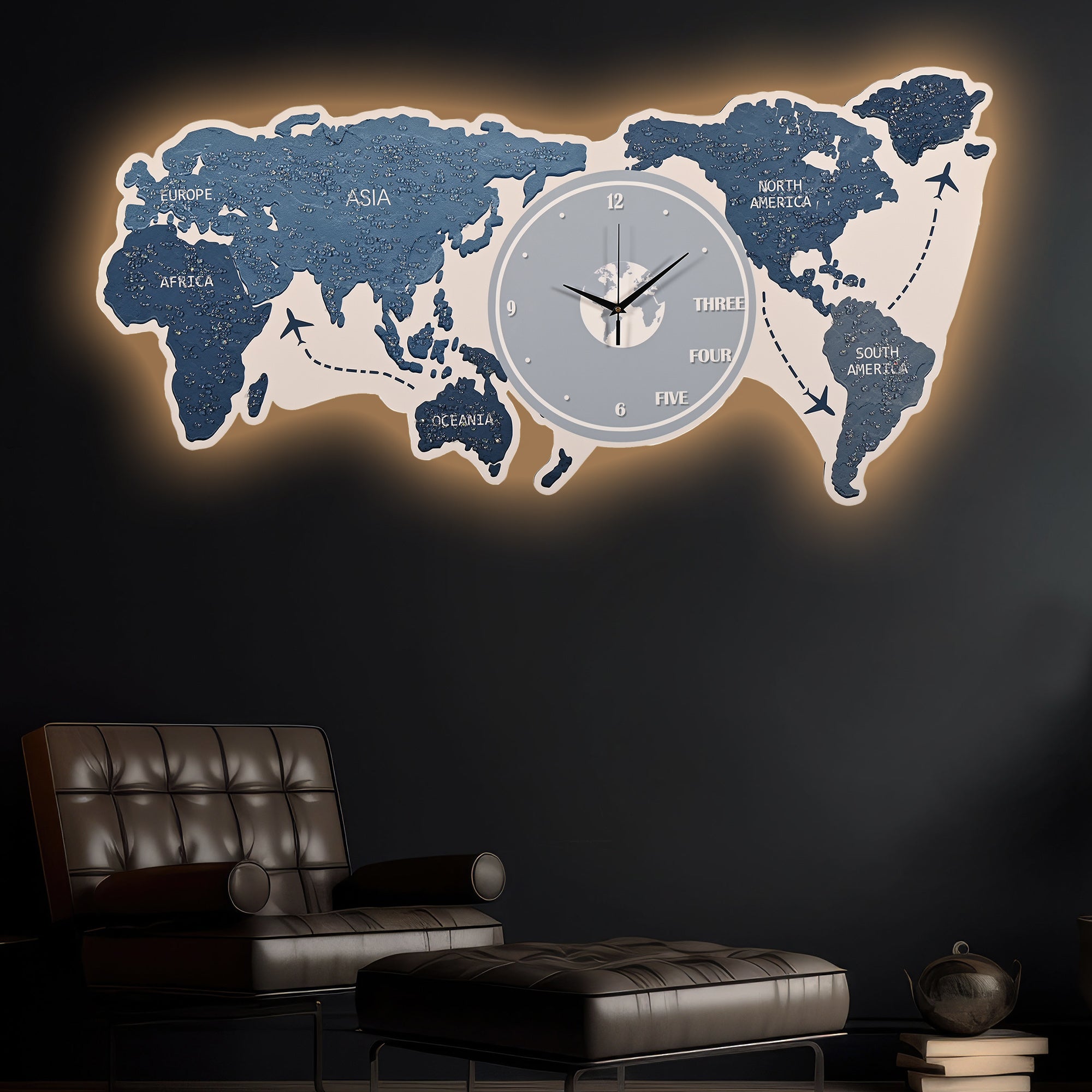 Map of The Earth Crystal Glass Backlit LED Painting with Clock (Water ...